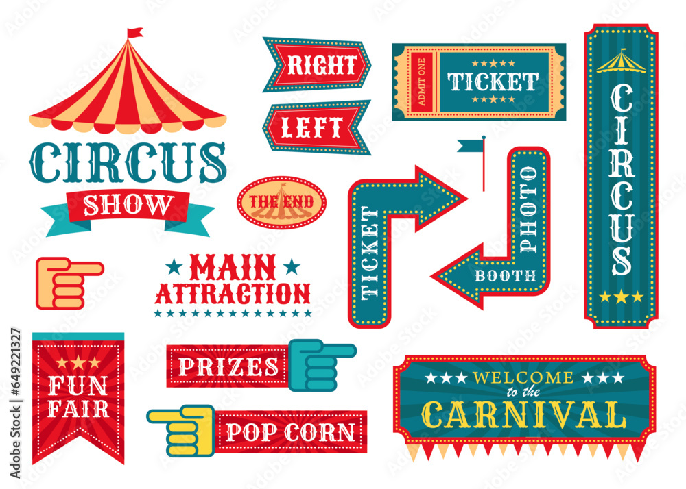 Circus event labels. Carnival magic show elements, retro festival ...