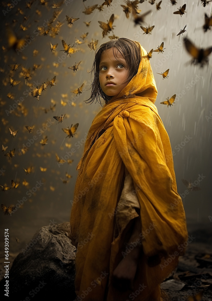 Young Girl with Yellow Shawl Observing a Dramatic Swarm of Flying ...