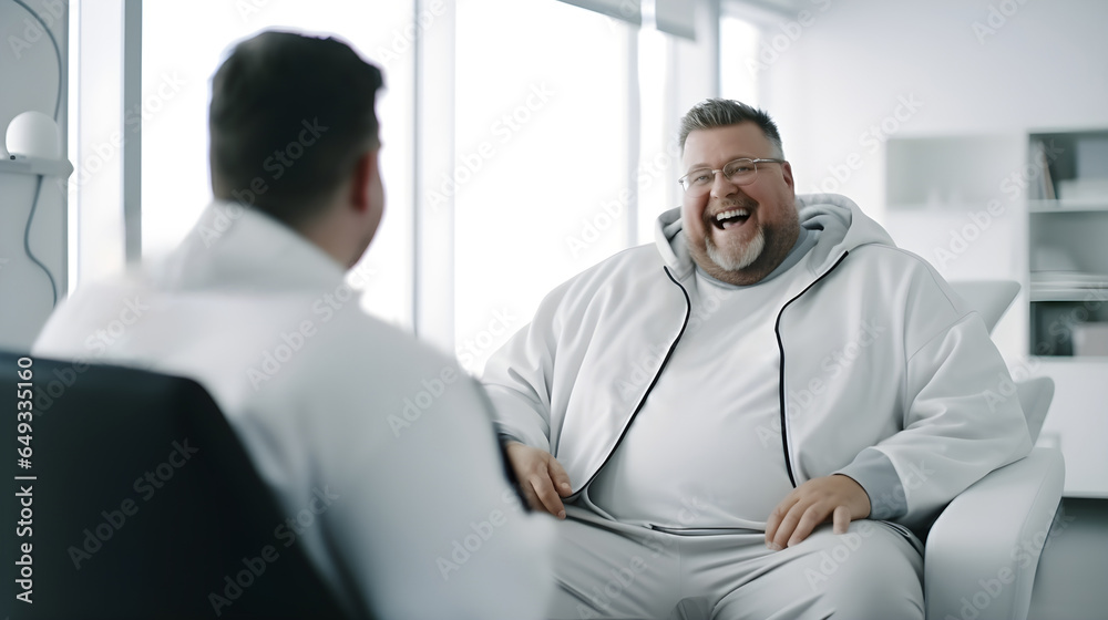 Fat overweight man with doctor in white coat in light room. Diet and ...