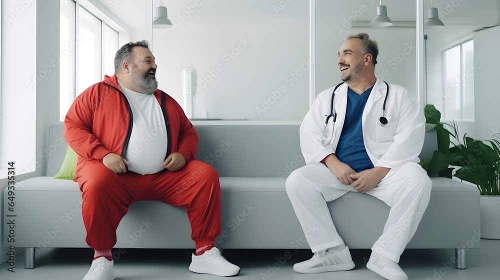 Fat overweight man with doctor in white coat in light room. Diet and ...