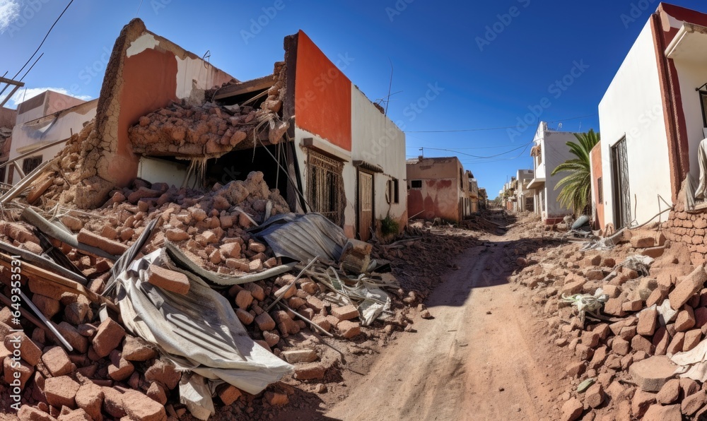 City destroyed by an earthquake. Ruined buildings houses that collapsed ...