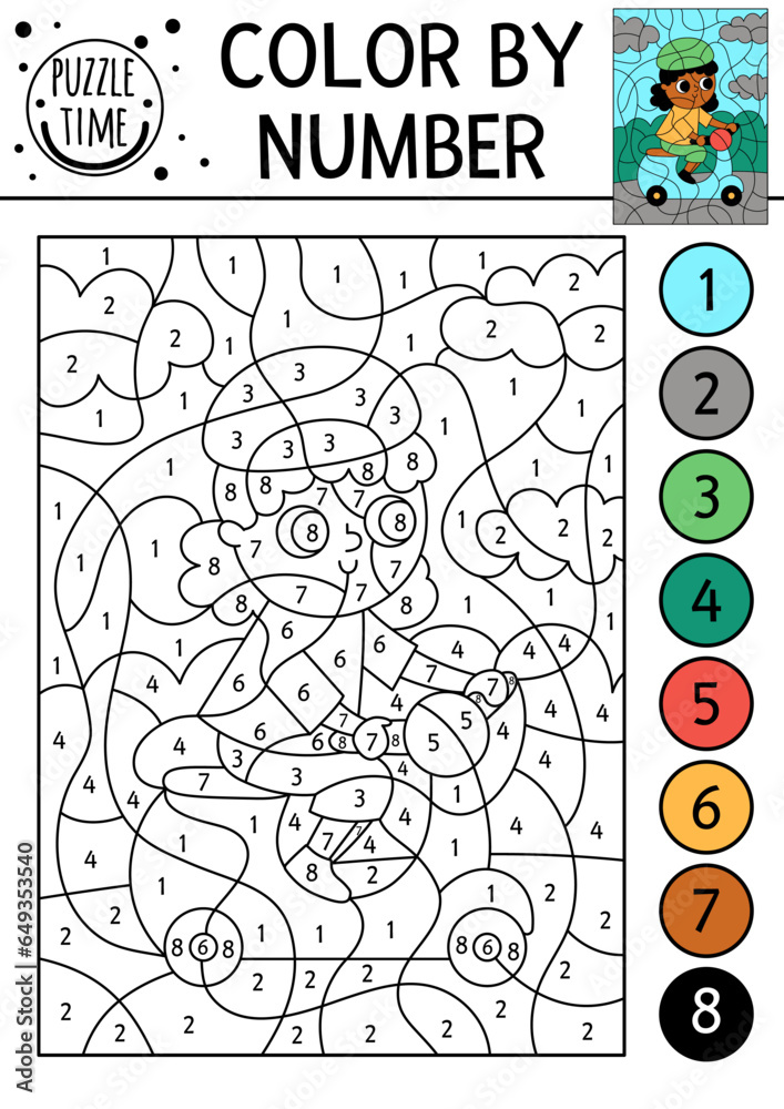 Vector transportation color by number activity with girl on scooter ...