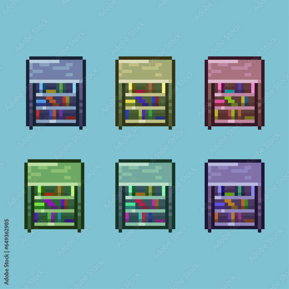 Pixel art sets of bookshelf with variation color item asset. simple bits of bookshelf on ...