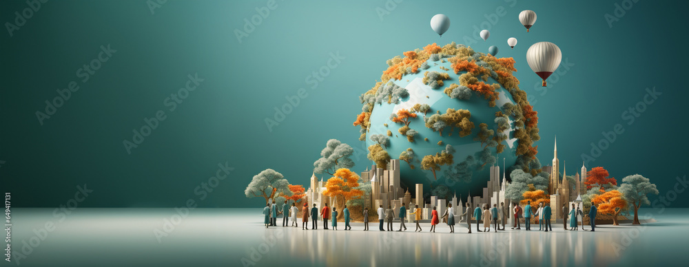 Meeting of people, planet earth with world map, brainstorming for ideas ...