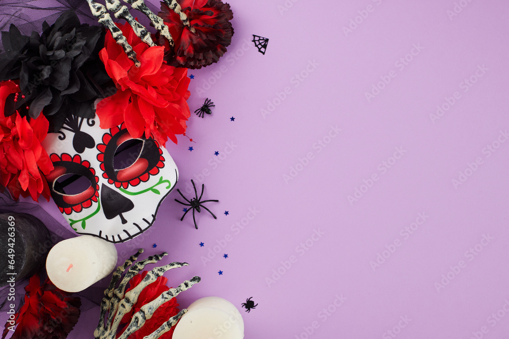 Celebrate the spirit of Mexican Day of the Dead with zeal. Top view ...