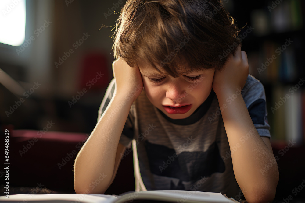 Tired child crying while doing homework at home. Boy struggles to read ...