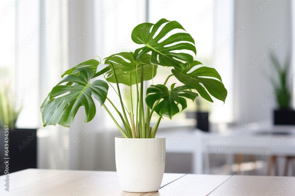 Beautiful monstera flower in a white pot. The concept of minimalism ...