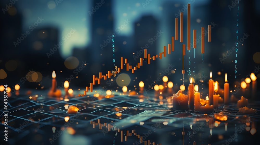 Blank dark bokeh background with digital financial chart indicators ...