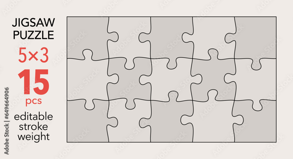 Empty jigsaw puzzle grid template, 5x3 shapes, 15 pieces. Separate ...