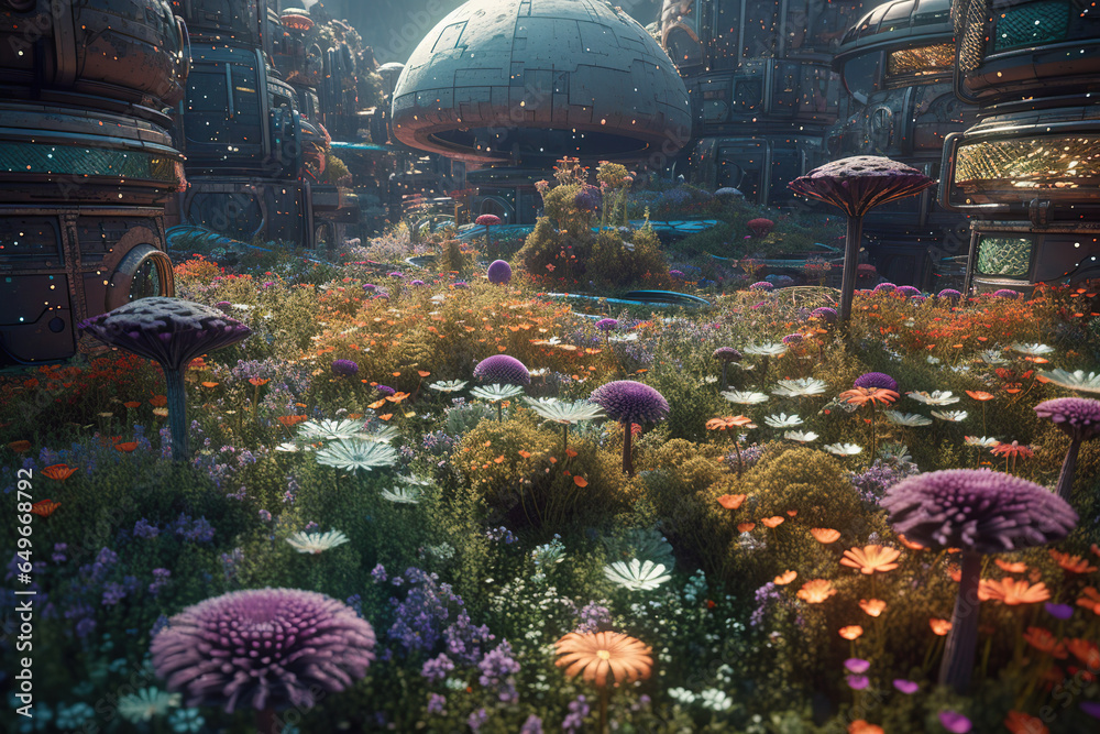 Beautiful alien futuristic nature flowers world, concept of human ...