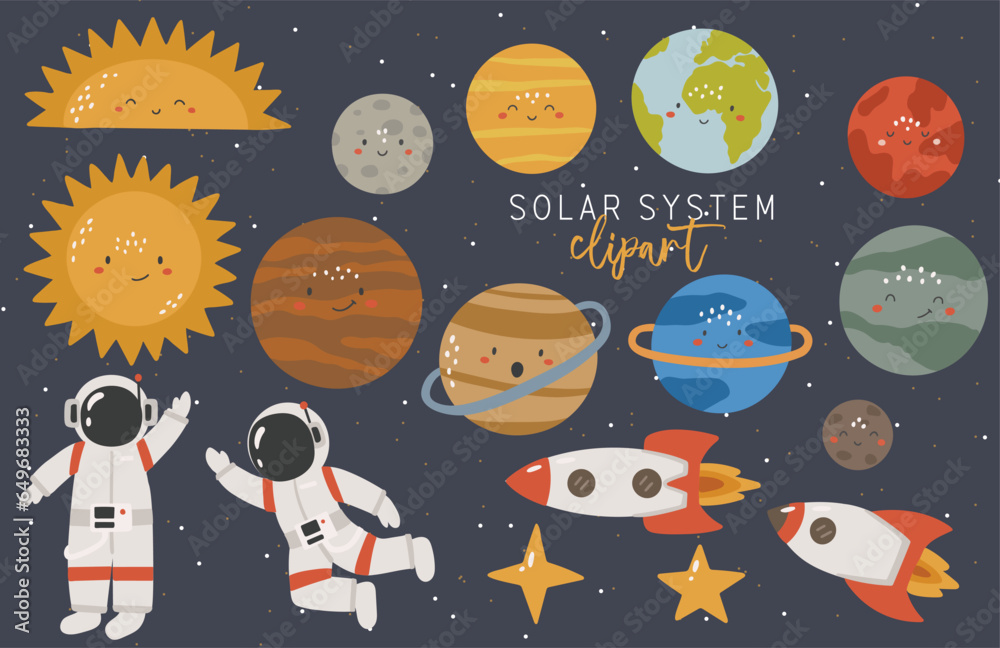 Solar system clipart, Kawaii planets vectors, Educational illustration ...