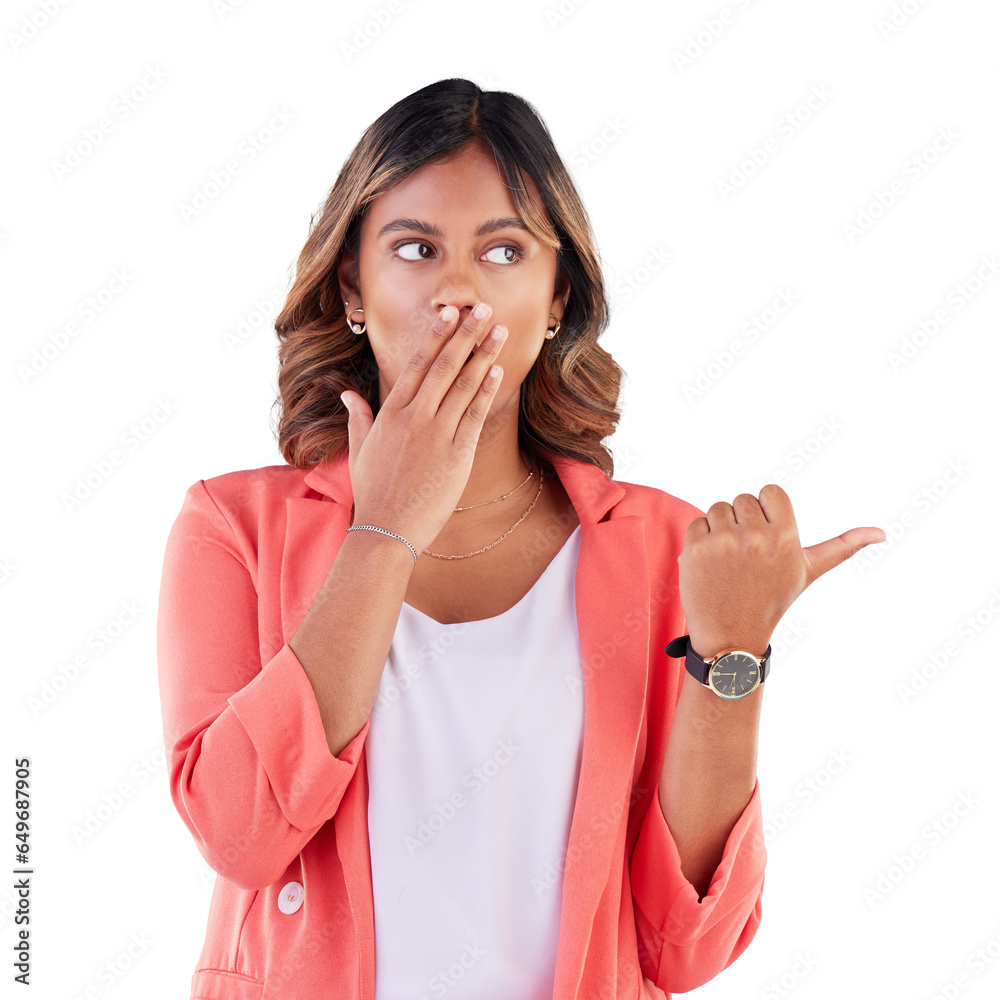 Wow, gossip and woman with hand pointing to secret on isolated ...