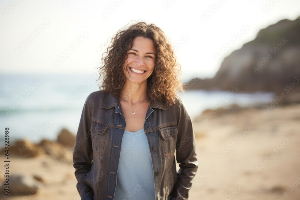 portrait of a happy Israeli woman in her 40s wearing a denim jacket ...