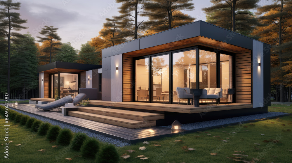 Modular houses with a single floor and expansive windows that offer ...
