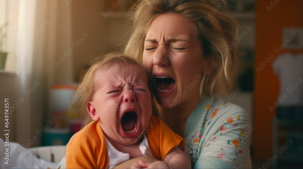 Crying Newborn Baby with Colic Pain and Crying Excosted Mother - Care ...