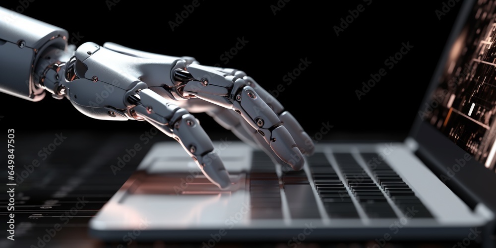 AI robot hand chat bot pressing computer keyboard, concept of AI generative work, futuristic ...