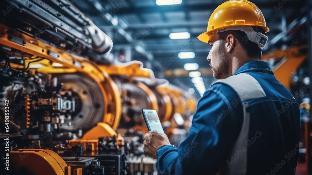 Engineer checking machines for safety protocol in a manufacturing plant ...