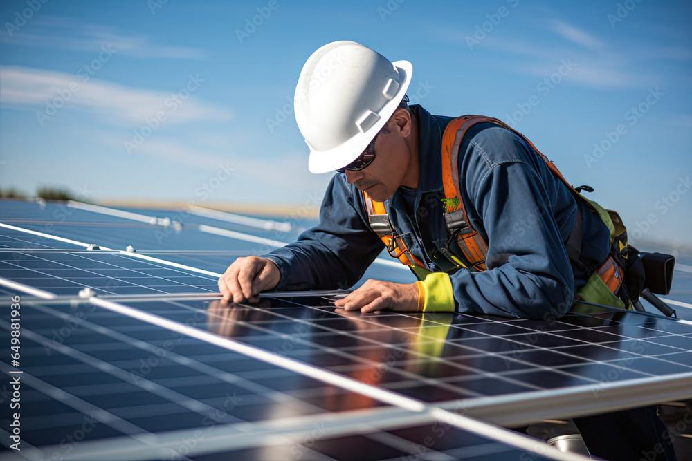 Trabajadores fotovoltaicos con paneles solares captan la energía del sol y la convierten en ...
