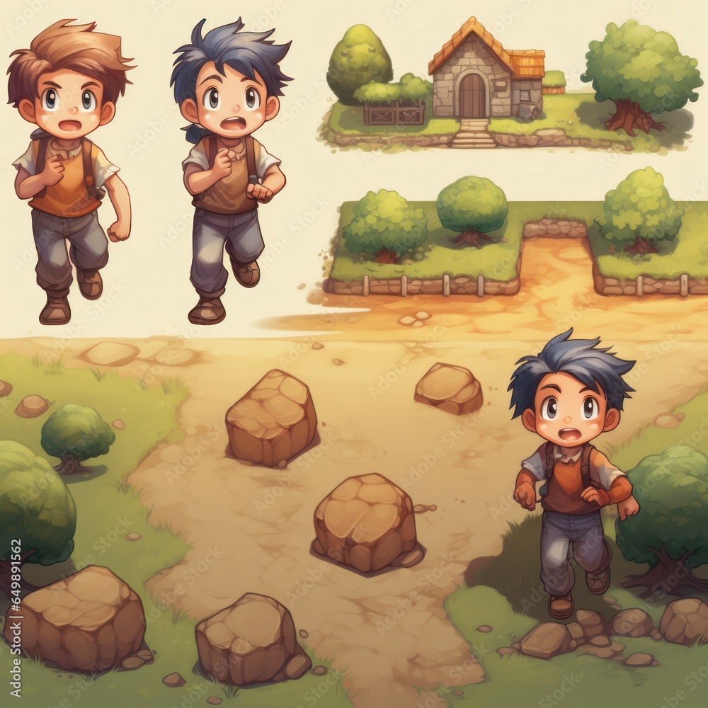 an asset pack for 2D video game of a boy running, boy is seen from the ...