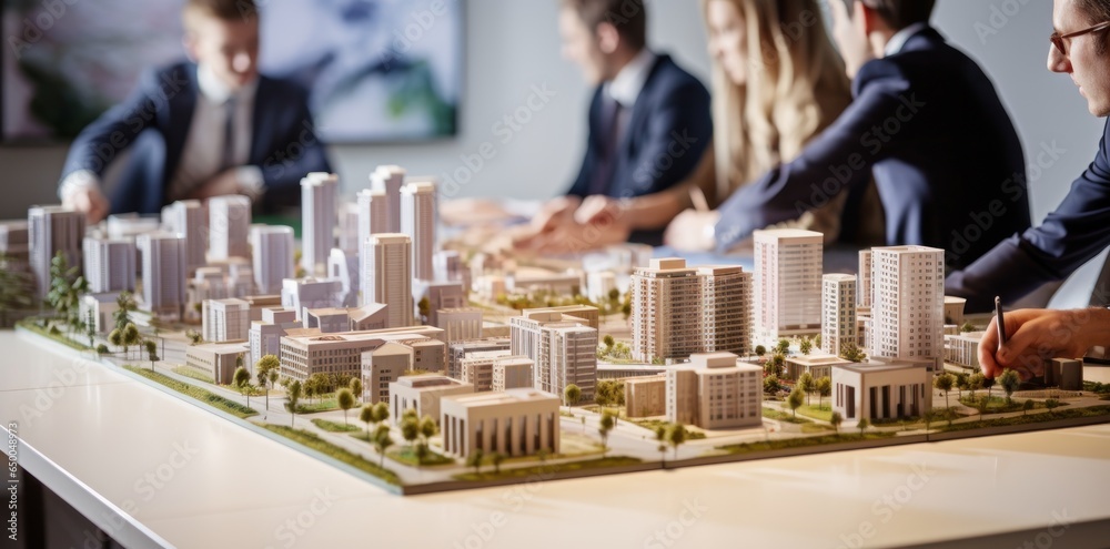 Complex scale model on the table, real estate developers, architects ...