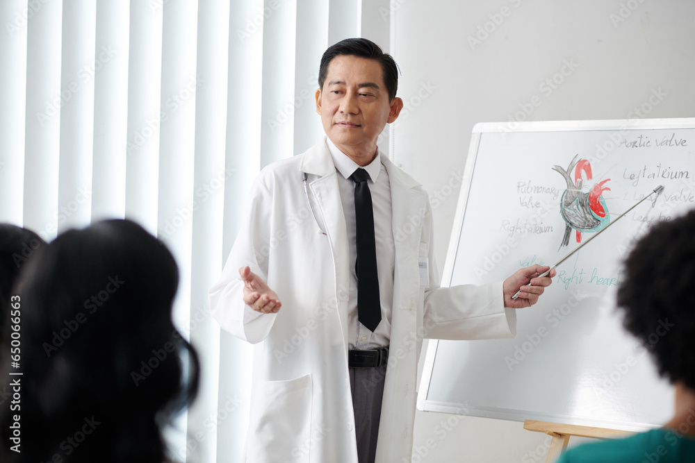 Doctor pointing at heart chart on whiteboard when asking students to ...