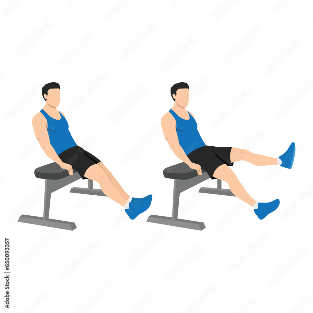 Man doing seated bench extended flutter kicks exercise. Flat vector ...