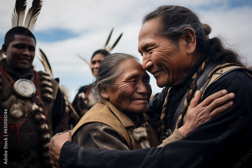 Indigenous man showing affection by hugging an older indigenous woman ...