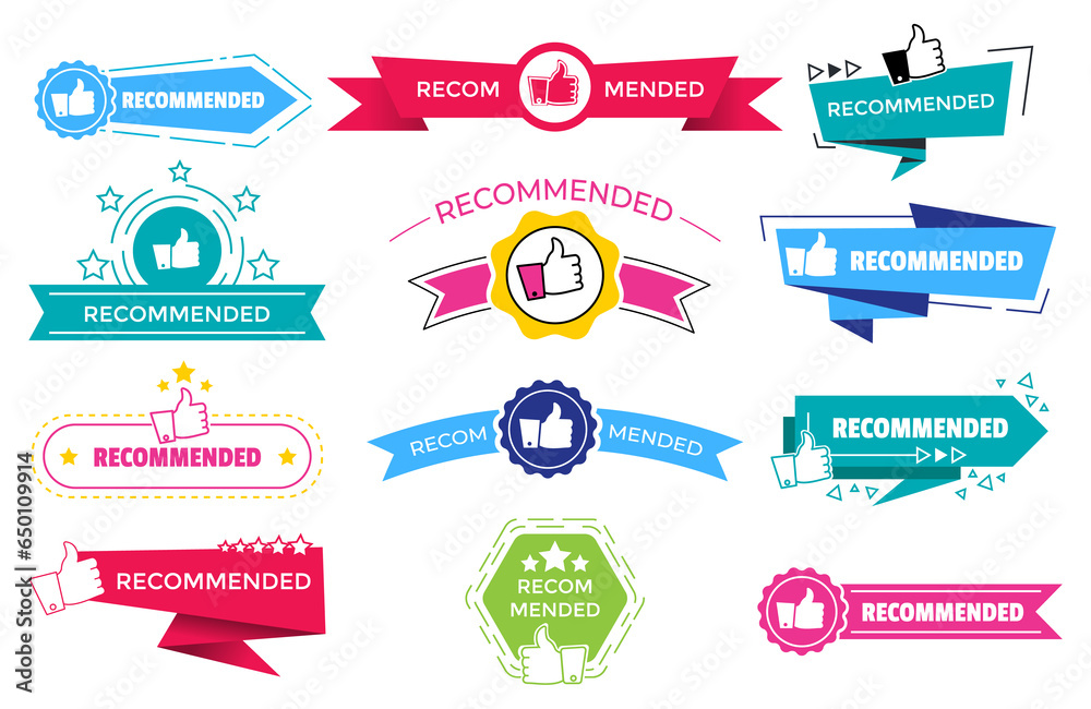 Recommend badges. Colorful tags design with thumb up, isolated on white ...