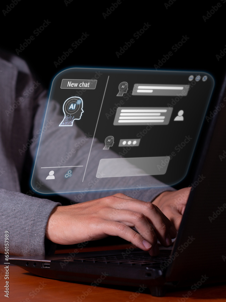 Vertical photo of A man chats with an artificial intelligence chat bot ...