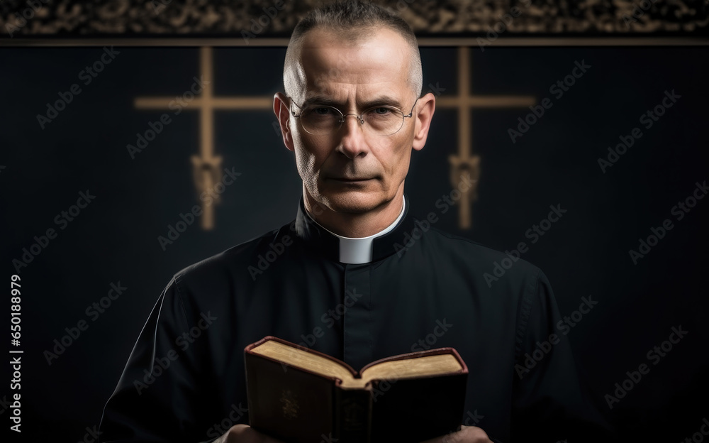 Catholic christian church priest wearing black cassock robe holding the ...