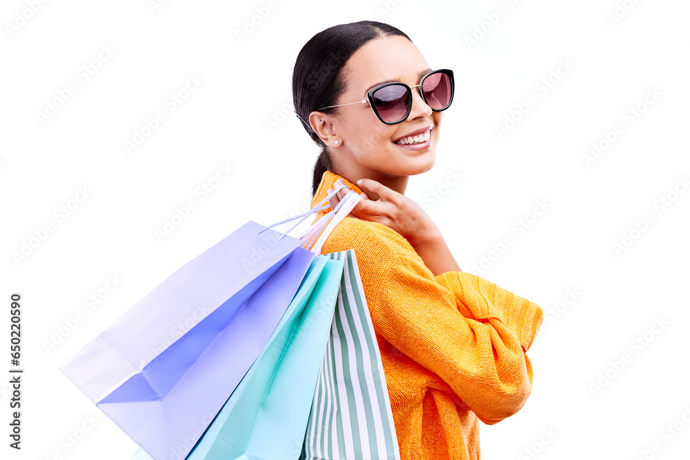 Retail, shopping and woman with bag and sunglasses on isolated, png and ...