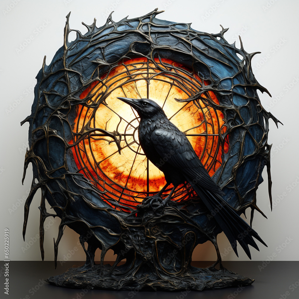 Sculture of a dead sun eaten by crows, glass sculpture, bas relief, art ...