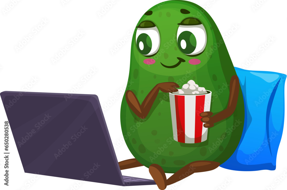 Cartoon Mexican avocado character with popcorn bucket watching movie ...