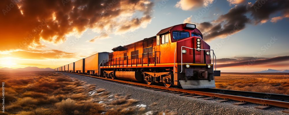 Industrial cargo train moving swiftly across expansive railroad ...