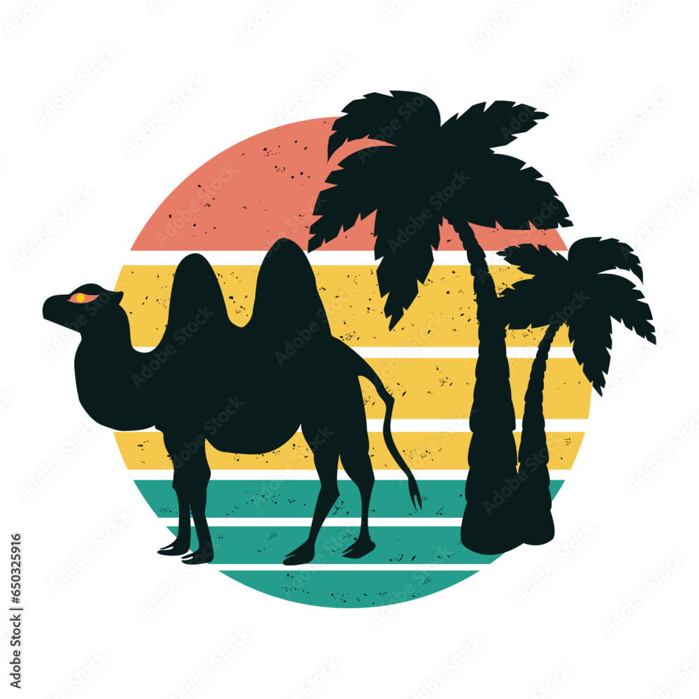 Cute black camel with palm trees on colorful retro circle with faded ...