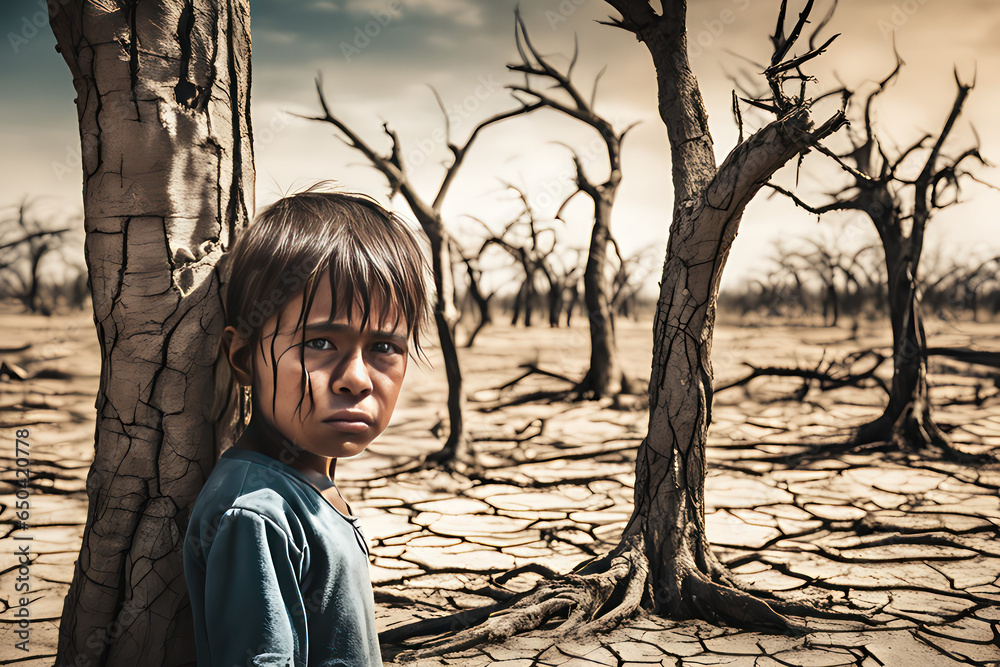 child crying next to dead trees in dry and cracked earth metaphor ...