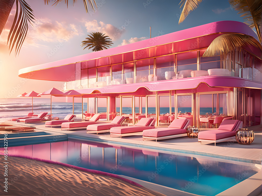 Futuristic retro style beach club focusing on bright pink colors in the ...