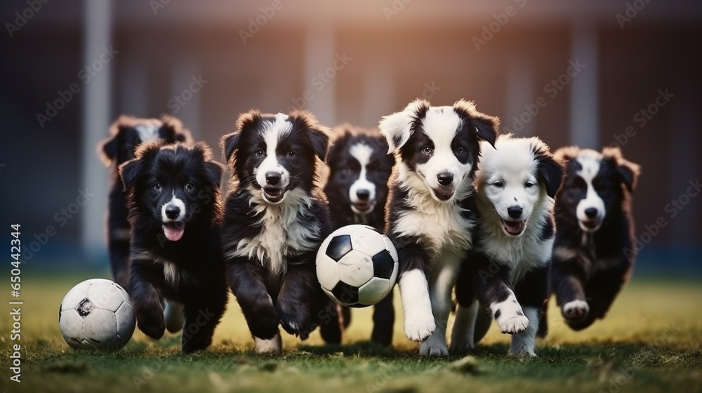 Group of dog puppies playing soccer in soccer stadium. stadium full of ...