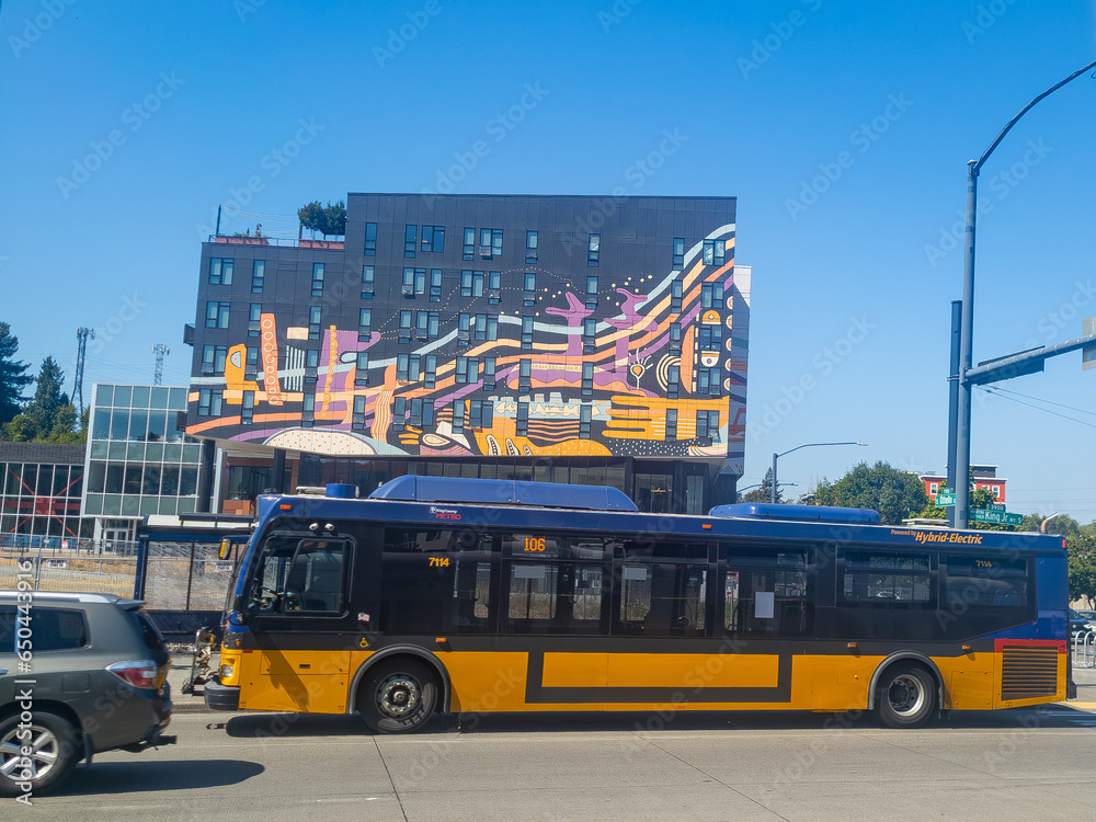 King County Metro bus at a bus stop in Seattle, Washington in front of ...