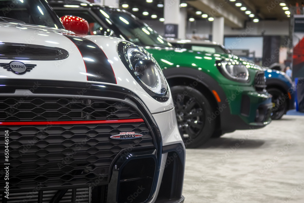 Row of new Mini cooper sports cars displayed at North American ...