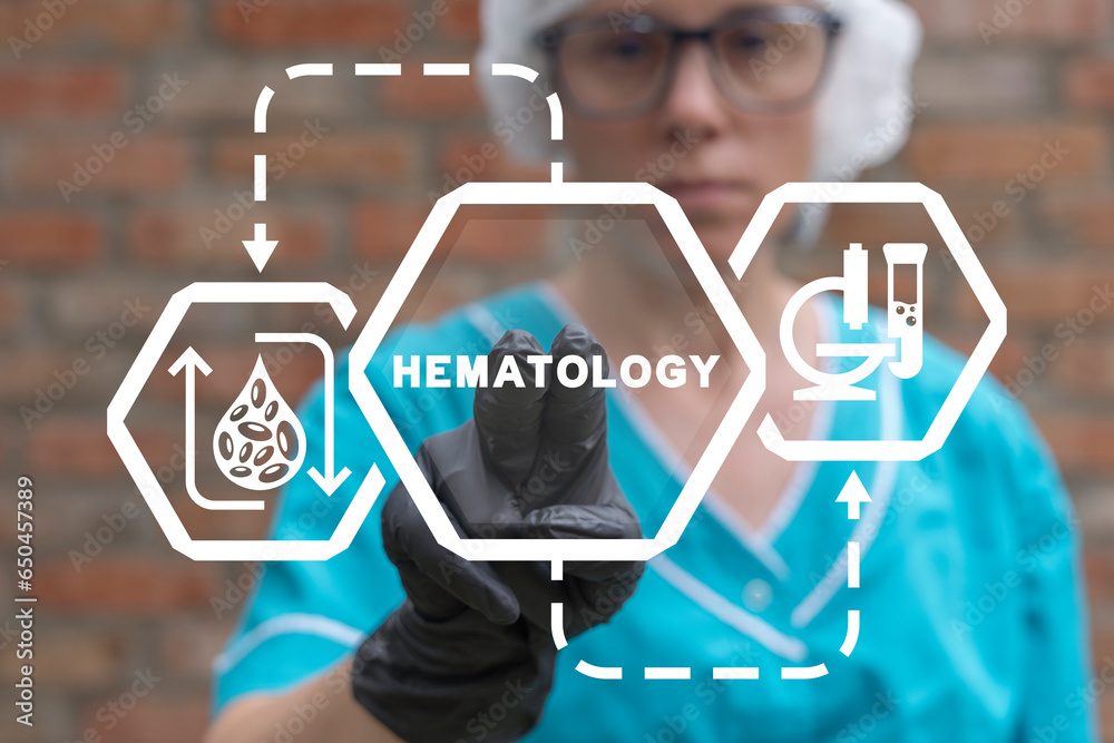 Doctor or laboratory assistant using virtual touchscreen clicks word ...