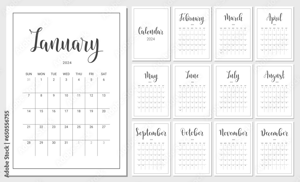 Vector Calendar Planner for 2024 Year. Handwritten lettering. Set of 12 ...