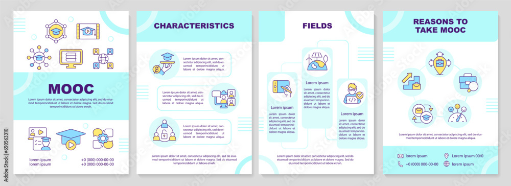 2D blue MOOC brochure template, leaflet design with multicolor thin linear icons, 4 vector ...
