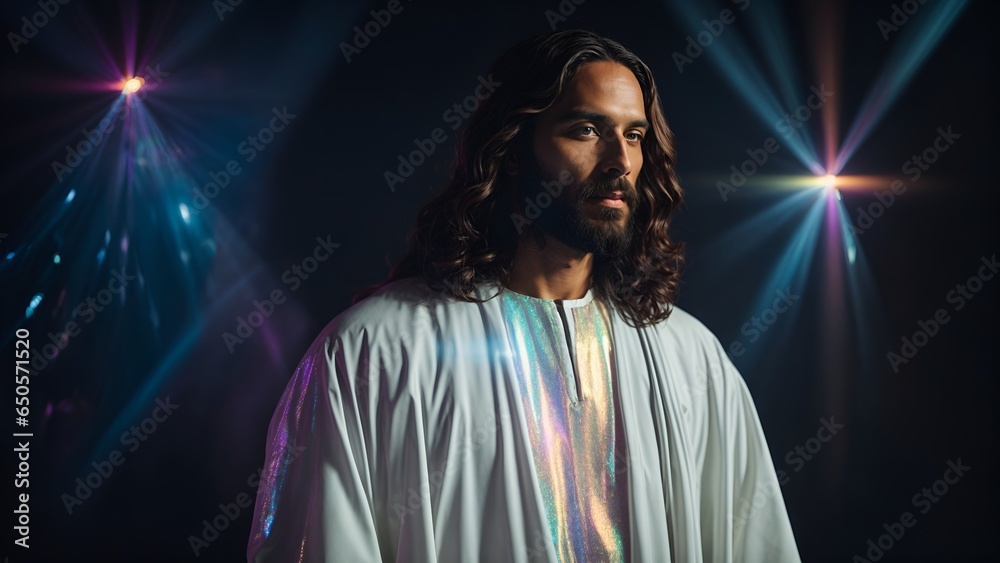 futuristic portrait of Jesus Christ in a dark bokeh lights background ...