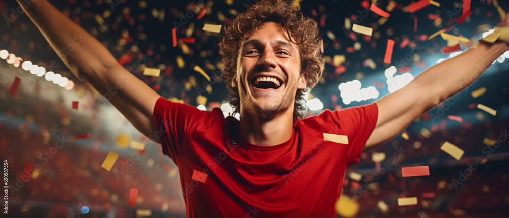 Winner! Portrait of a happy male soccer sport player in red jersey ...
