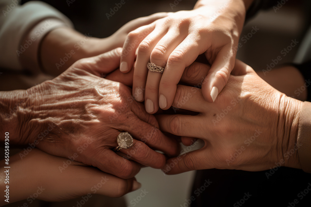 Manos unidas de personas de diferentes etnias, edades y géneros. Manos ...