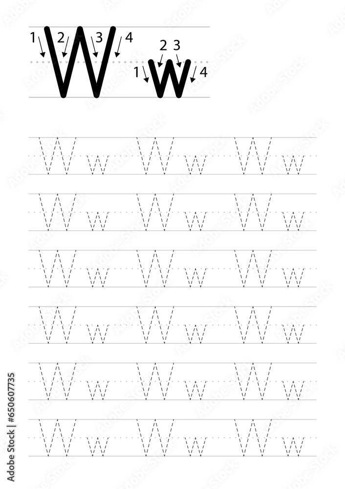 Printable letter W alphabet tracing worksheet Stock Vector | Adobe Stock