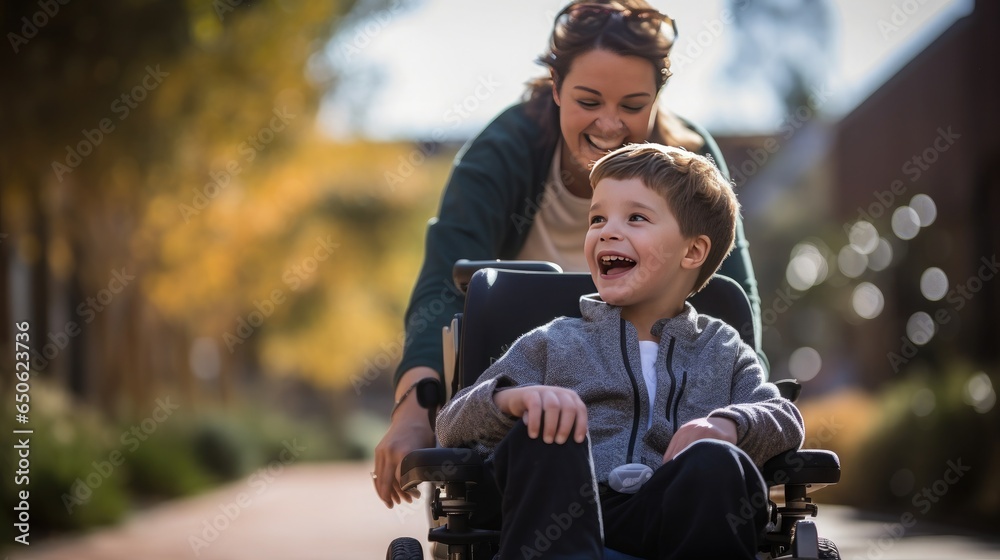 A beautiful little boy with a disability walks in a wheelchair with his ...