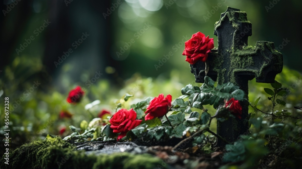 Wild red rose bush thriving in a old gothic cemetery near ruined and ...
