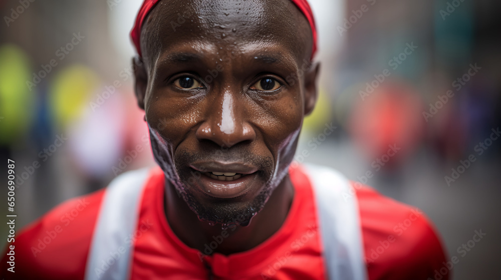 a tenacious man races towards the finish line in a competitive marathon ...